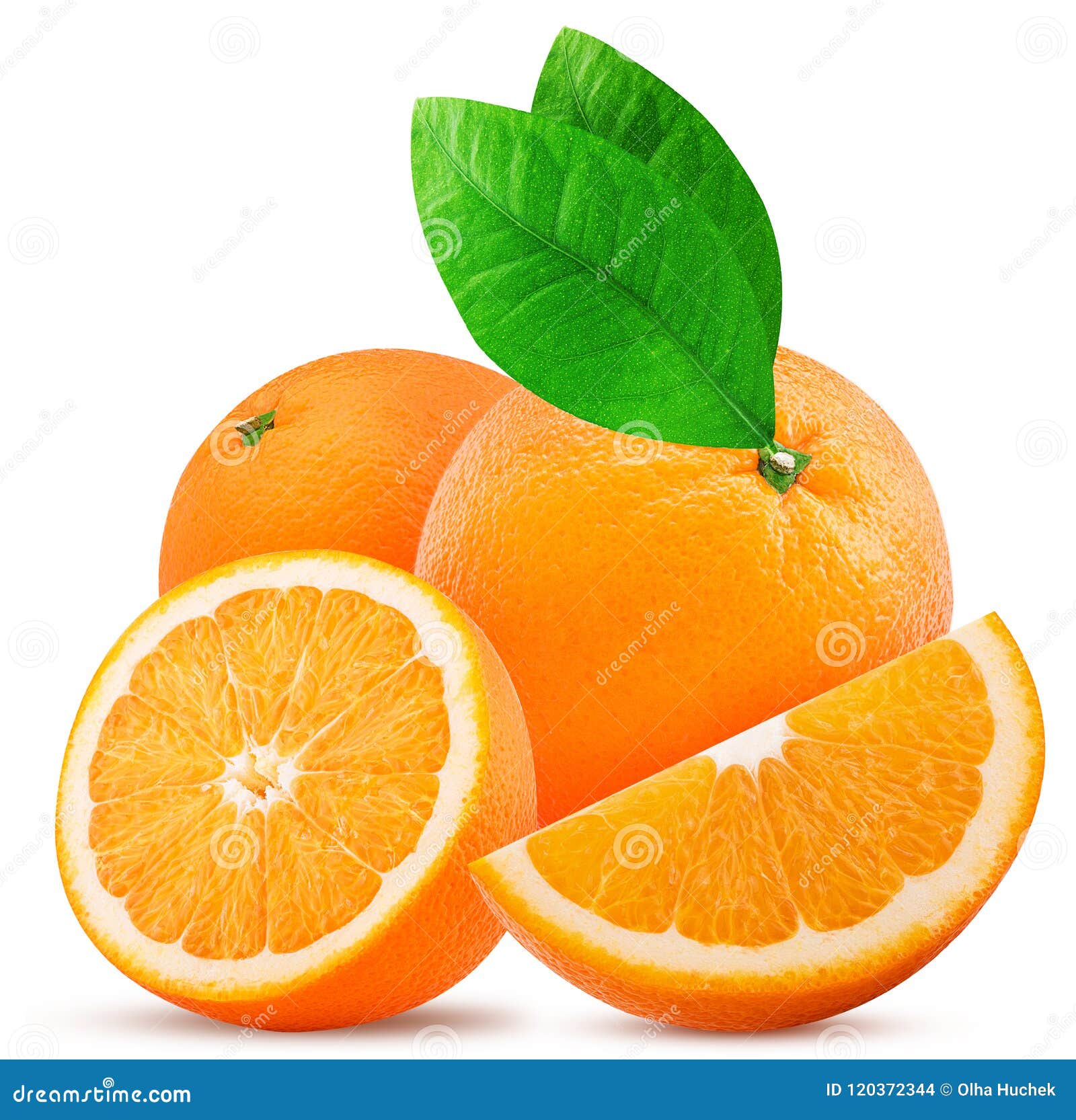 Two Orange Fruit One Cut in Half and Slice with Leaf Stock Photo ...