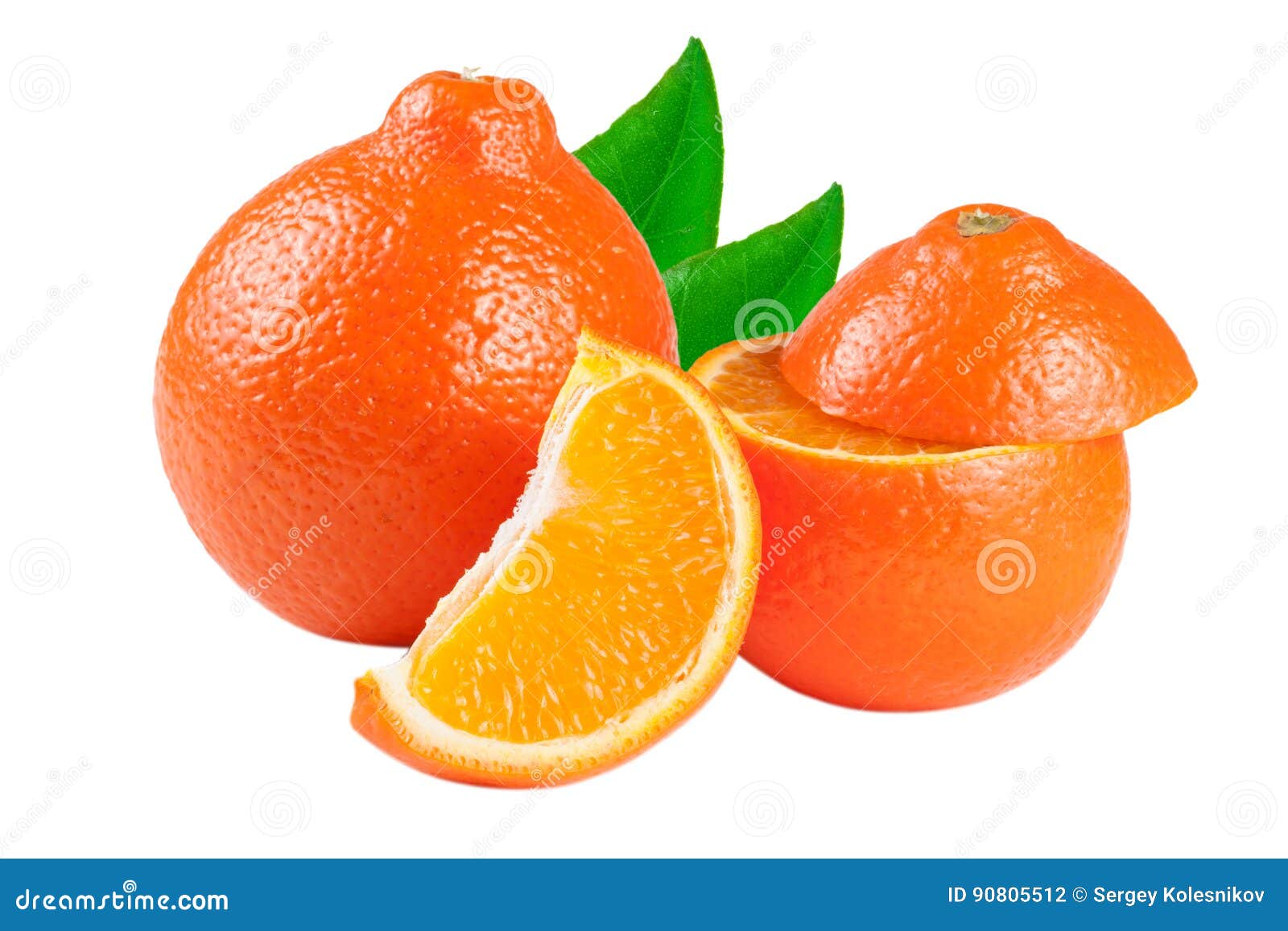 Two Orange Tangerine or Mineola with Slices and Leaf Isolated on White ...