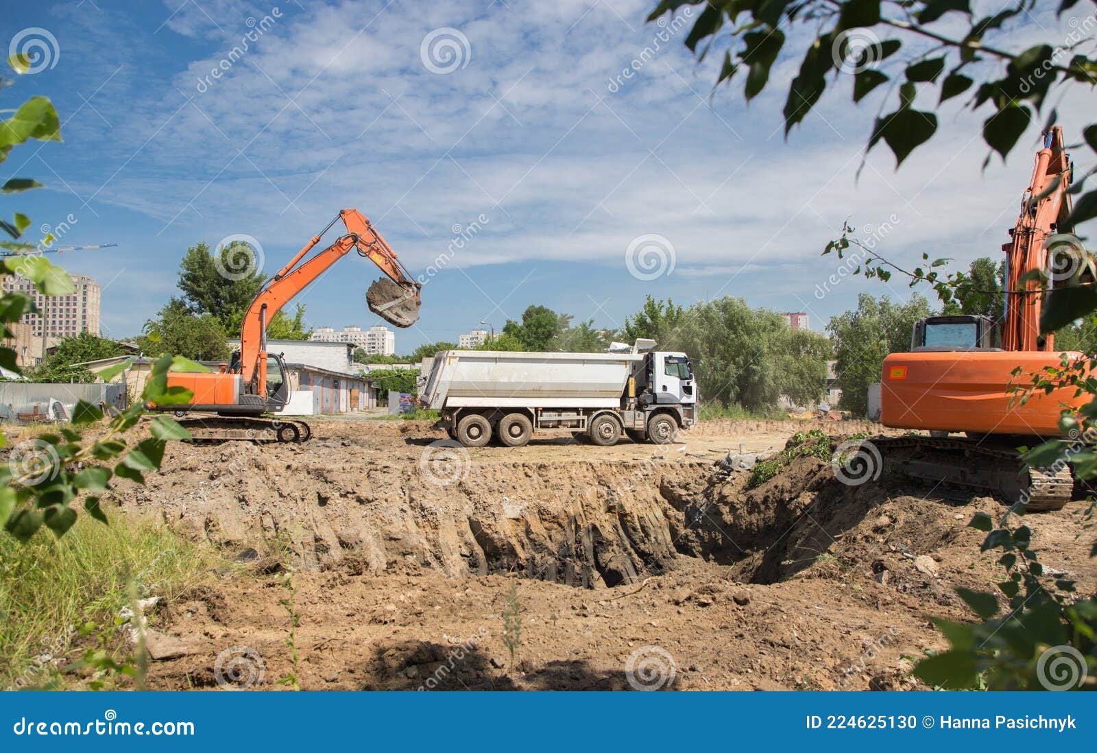 Two Orange Tracked Excavators and a Gray Dump Truck in Process of ...