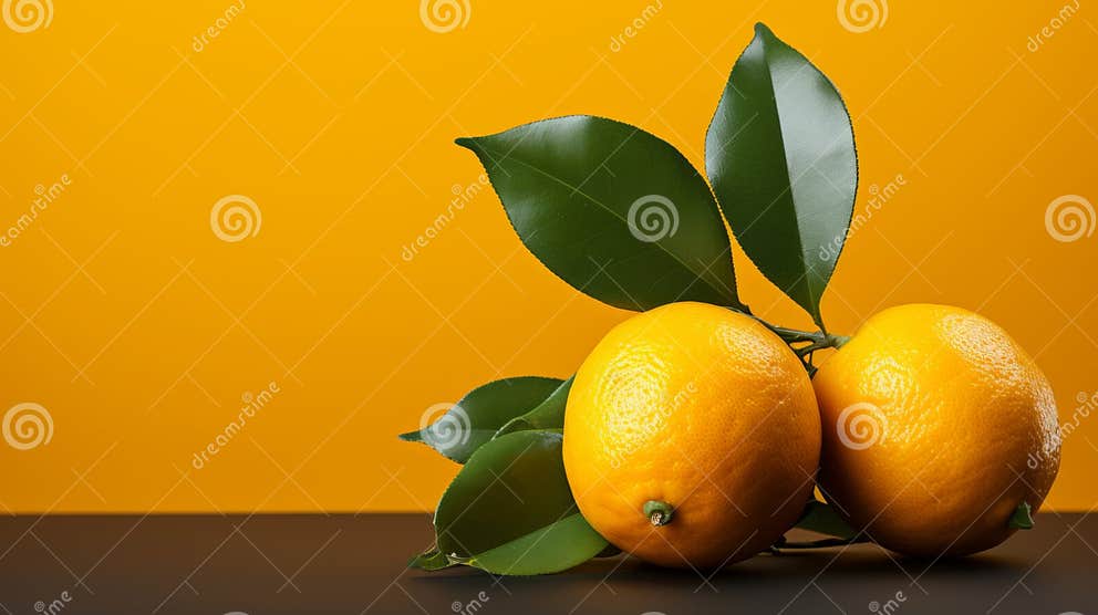 Two Oranges with Leaves on a Yellow Background Stock Illustration ...
