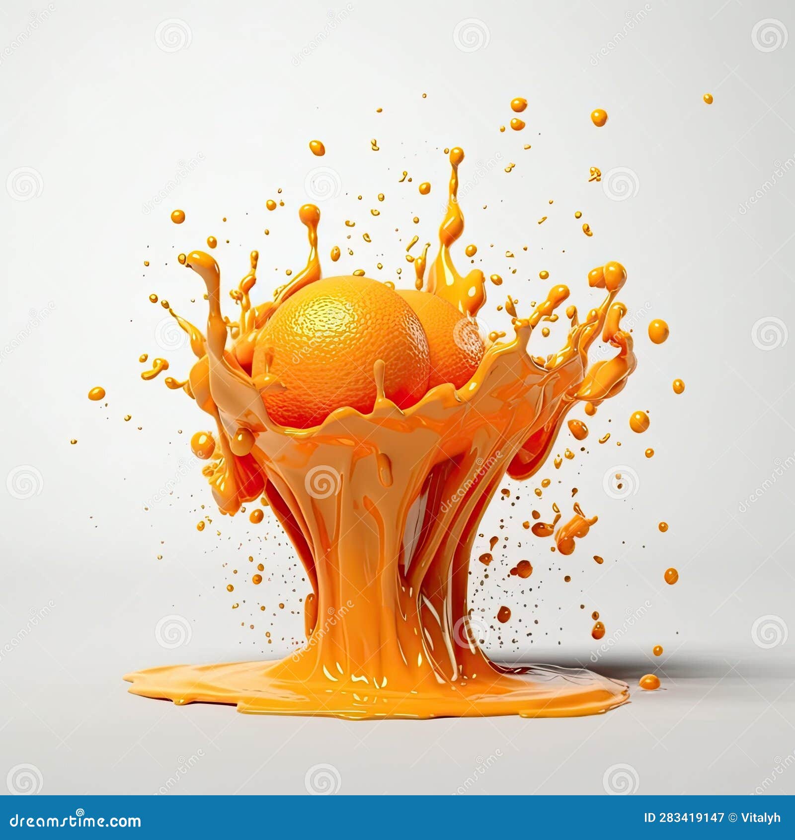 Two Oranges in a Splash of Orange Juice on a White Background. Stock ...