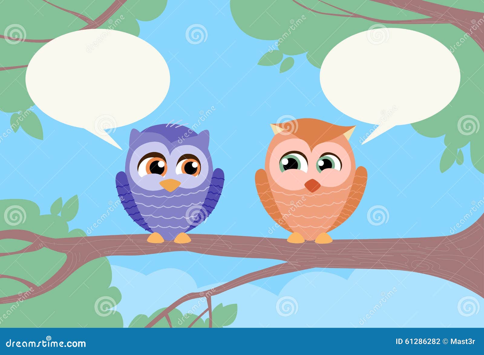 Two Owls Chat Communication Sitting on Branch Stock Vector ...
