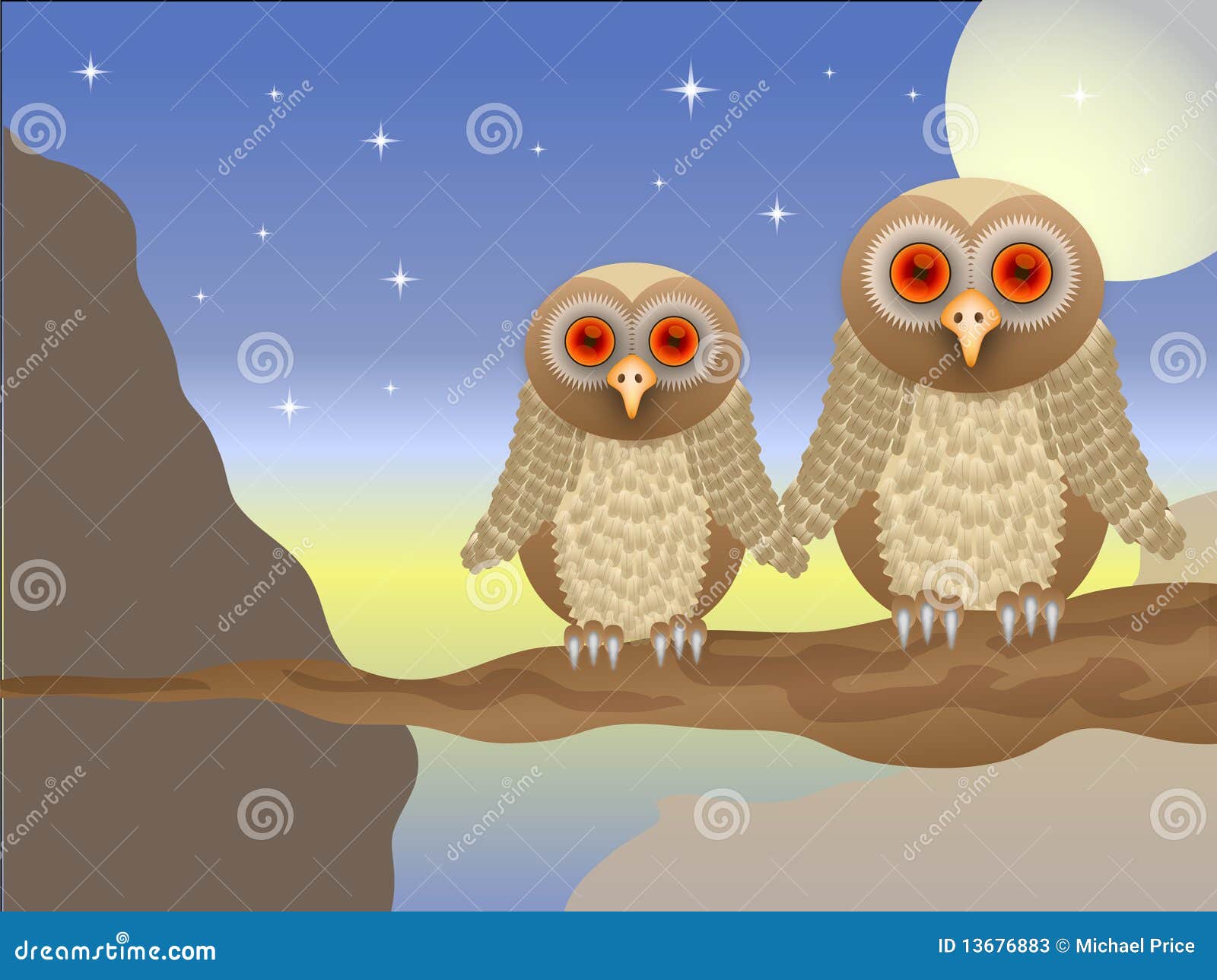 Two Owls Sitting on a Branch Stock Vector - Illustration of feather ...