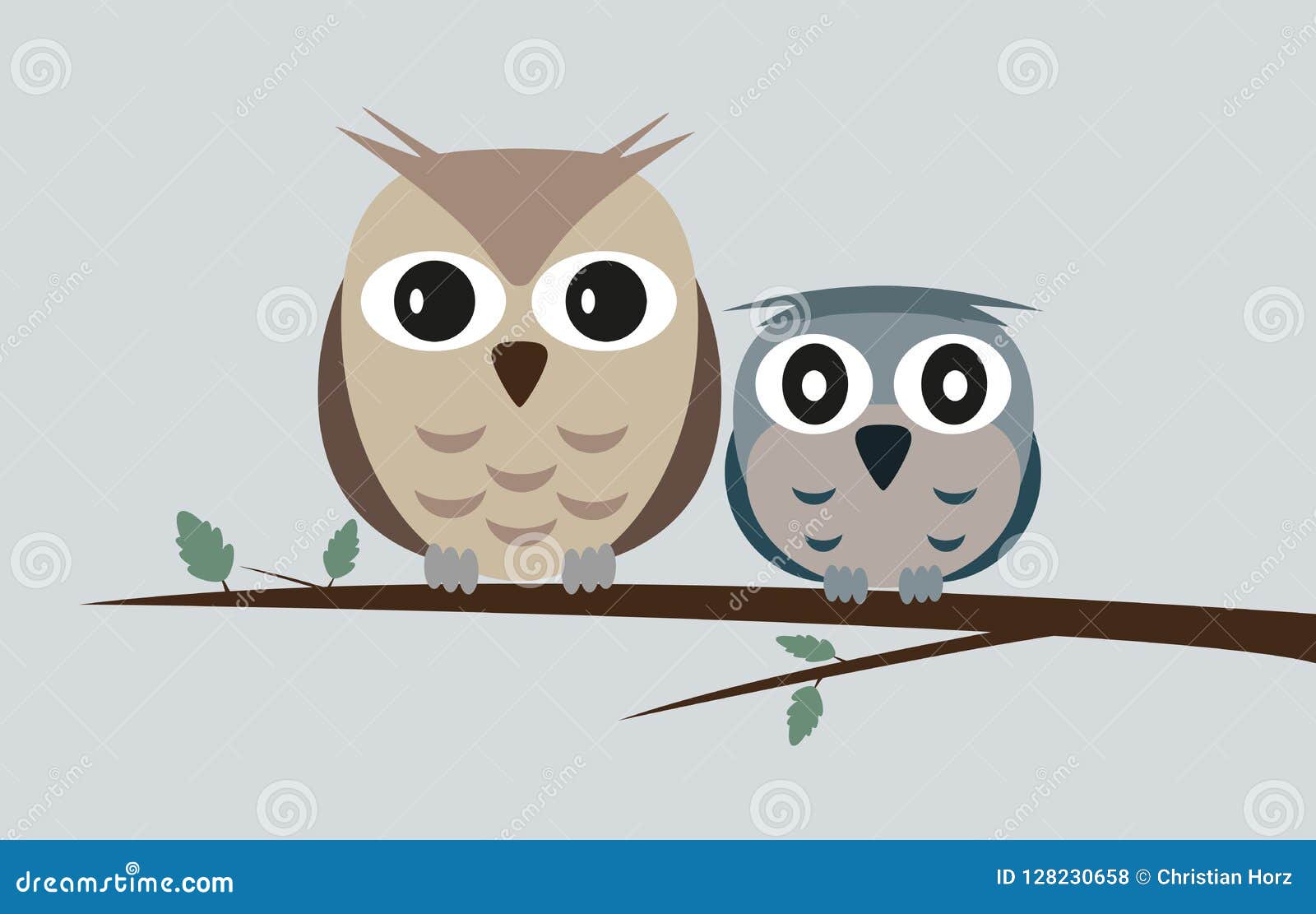 Two owls on tree branch stock vector. Illustration of cute - 128230658