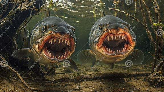Two Pacu Fish with Sharp Teeth Underwater in a River Stock Illustration ...