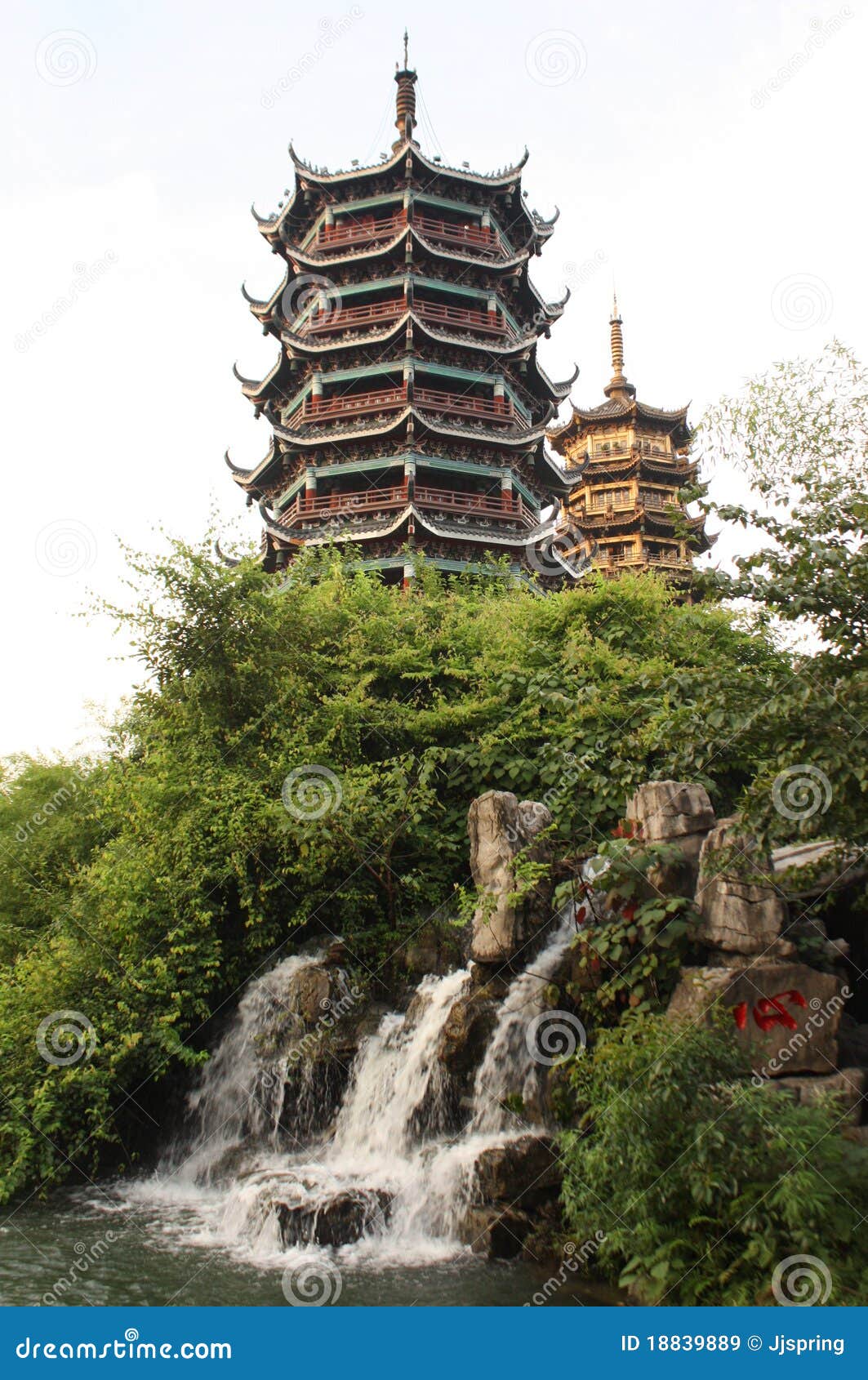 Two Pagodas and a Waterfall in Guiling, China Stock Image - Image of ...