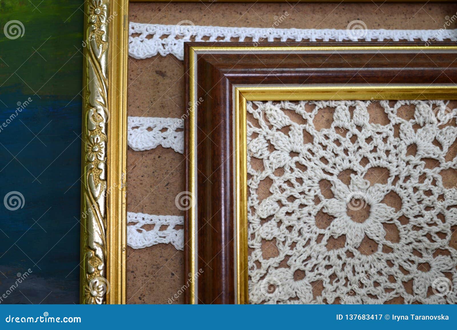 Two Paintings Crocheted with White Threads in Vintage Wooden Frames ...