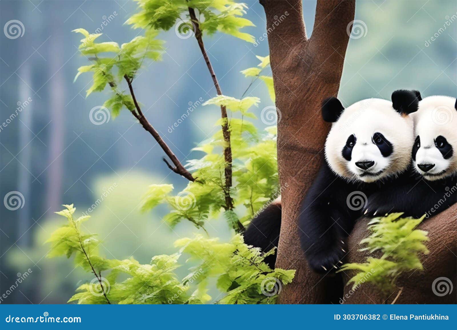 Two Panda Bears are Sitting on a Tree with Green Leaves Stock ...