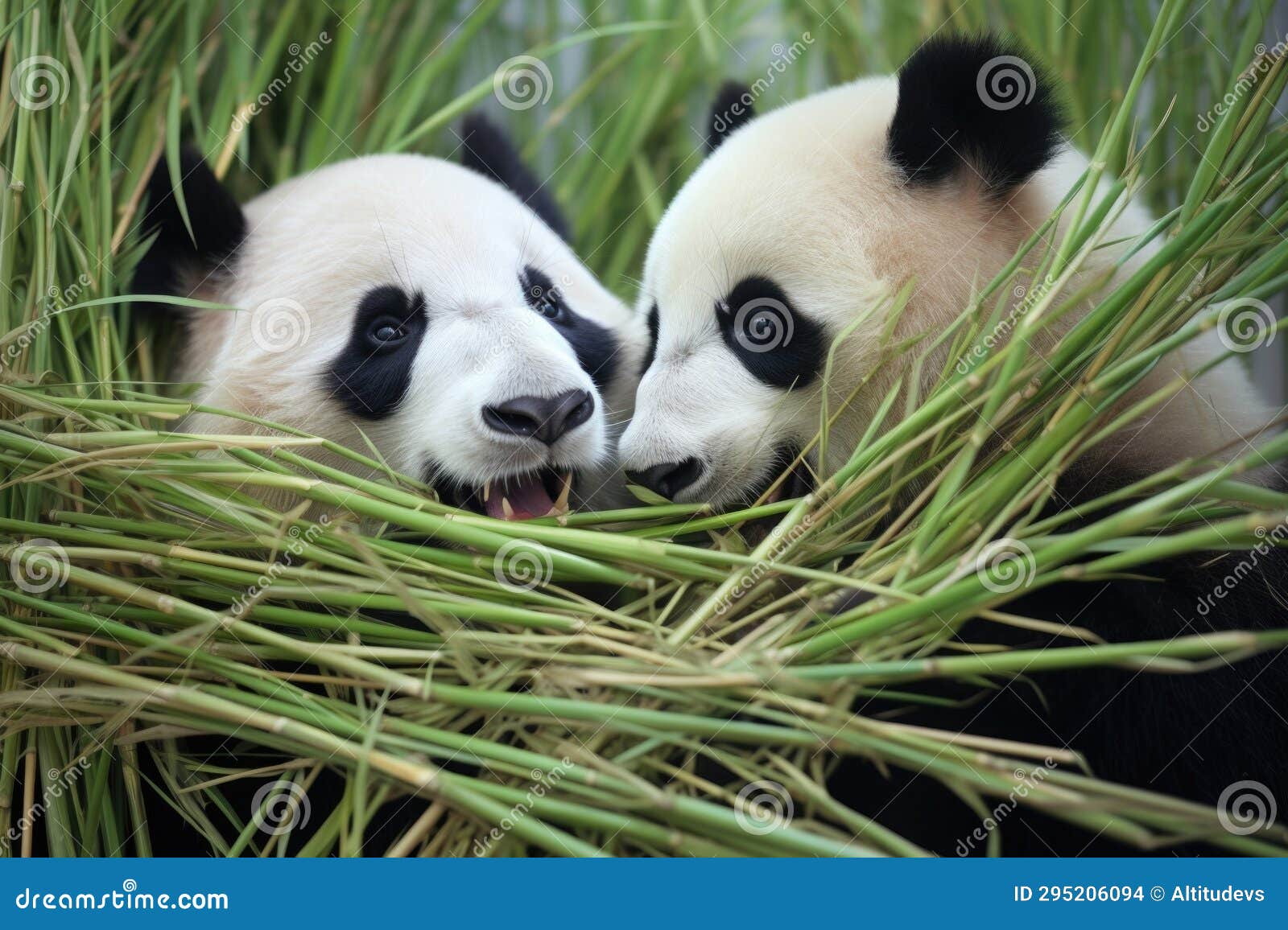 Two Pandas Munching Bamboo Side by Side Stock Photo - Image of ...