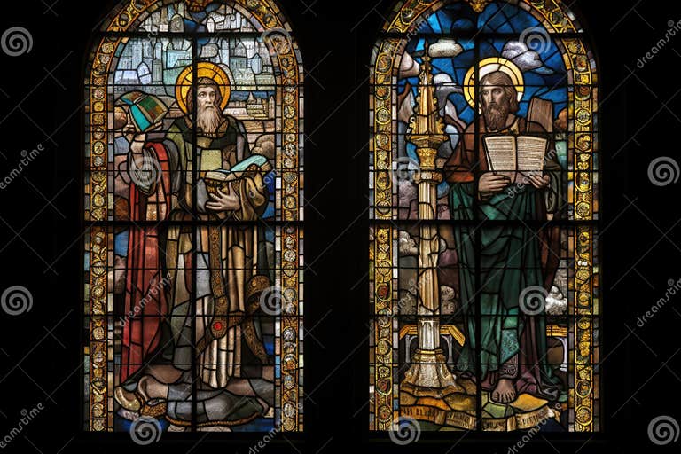 Two Panel Mosaic And Stained Glass Window With Religious Figures