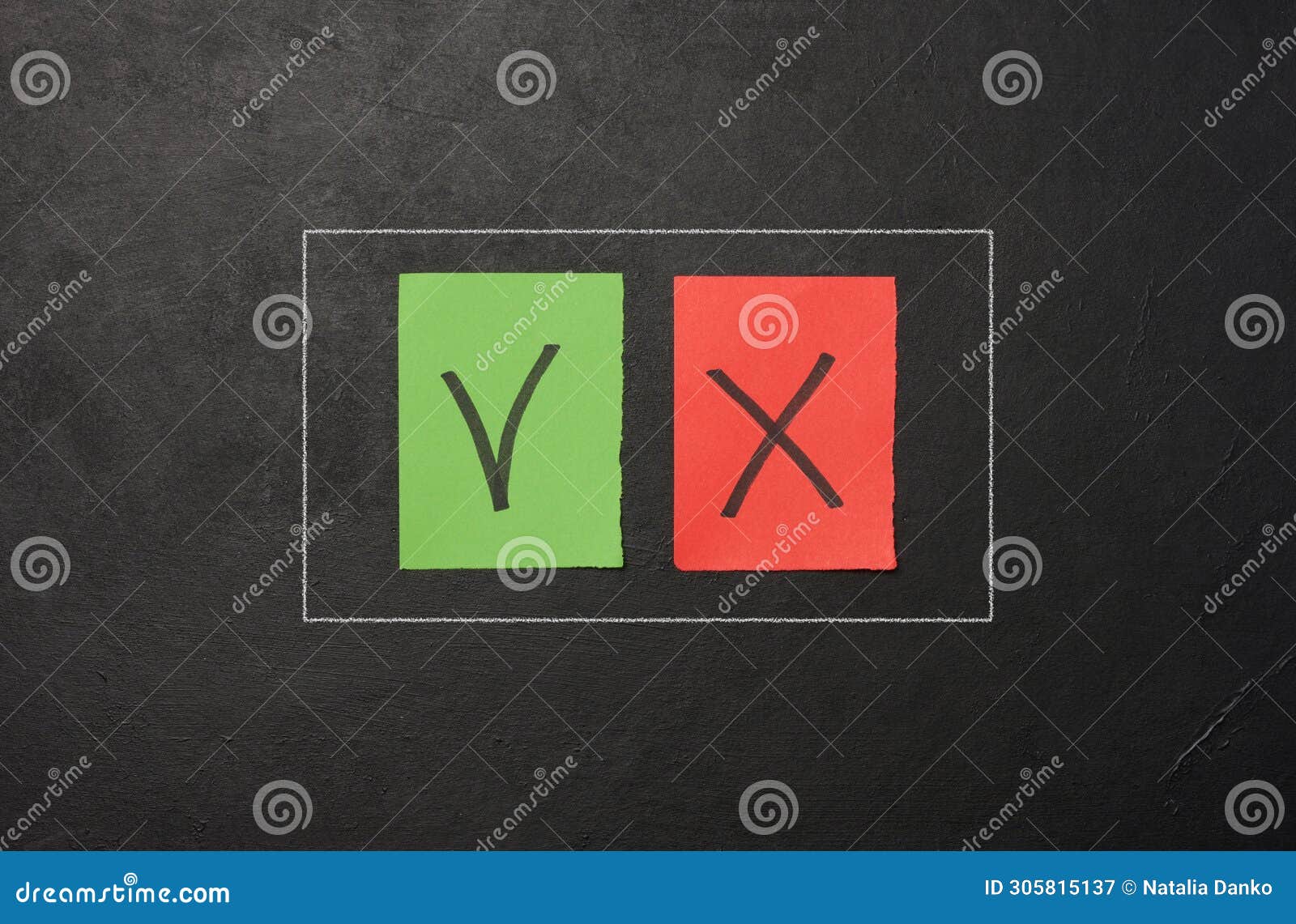 Two Paper Sheets with Drawn Check Mark and Cross Symbols, Representing ...
