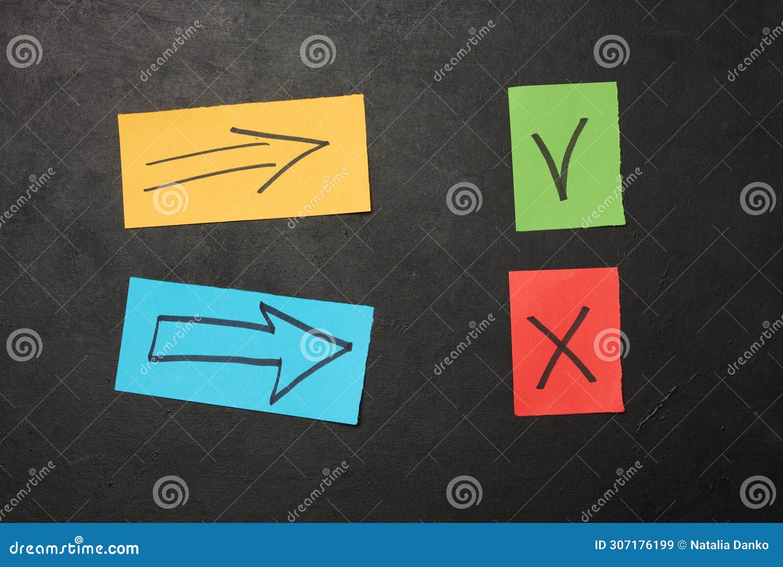 Two Paper Sheets with Drawn Check Mark and Cross Symbols, Representing ...