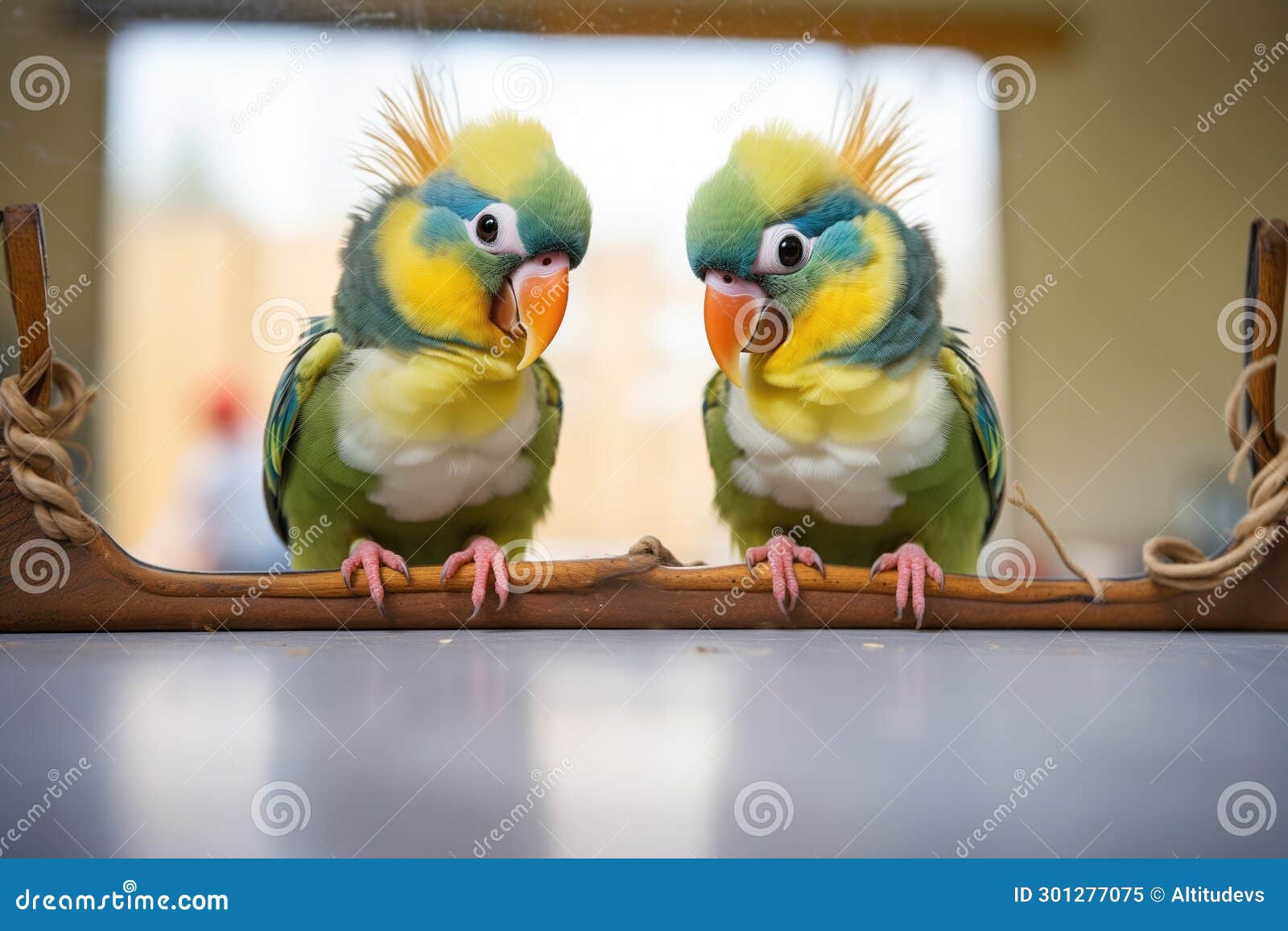 Two Parakeets at Opposite Ends of a Mirror Stock Image - Image of ...