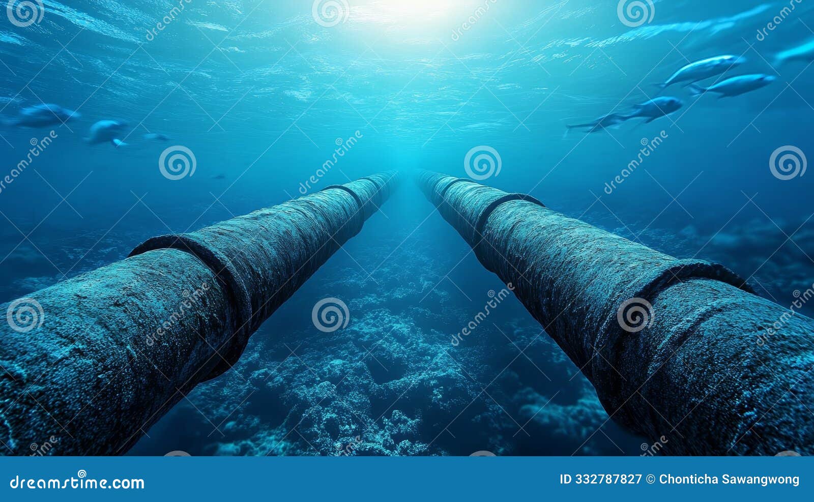Two Parallel Pipes Run through the Ocean Floor, with Fish Swimming ...