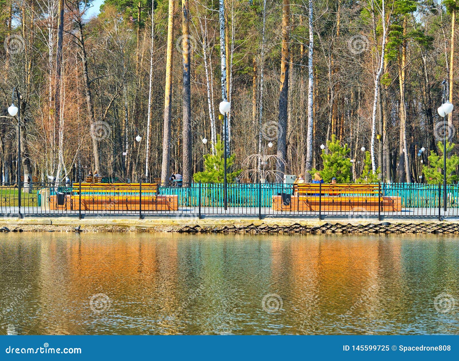 Two Park Benches with River Reflections Landscape Background Hd Stock ...