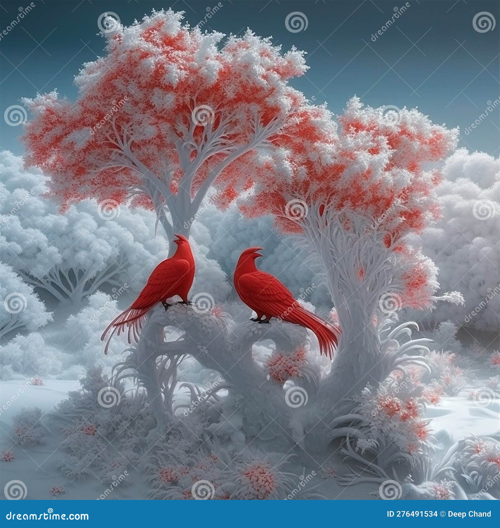 Two Parrot Red Birds on a Tree in the Winter Forest. Generative Ai ...