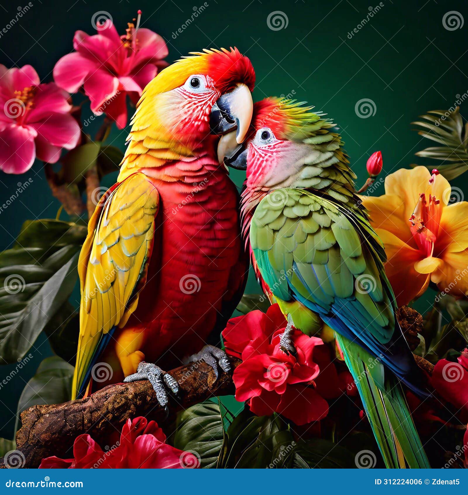 Two Parrots Cuddle Together on a Twig with Red, Pink Yellow Hibiscus ...