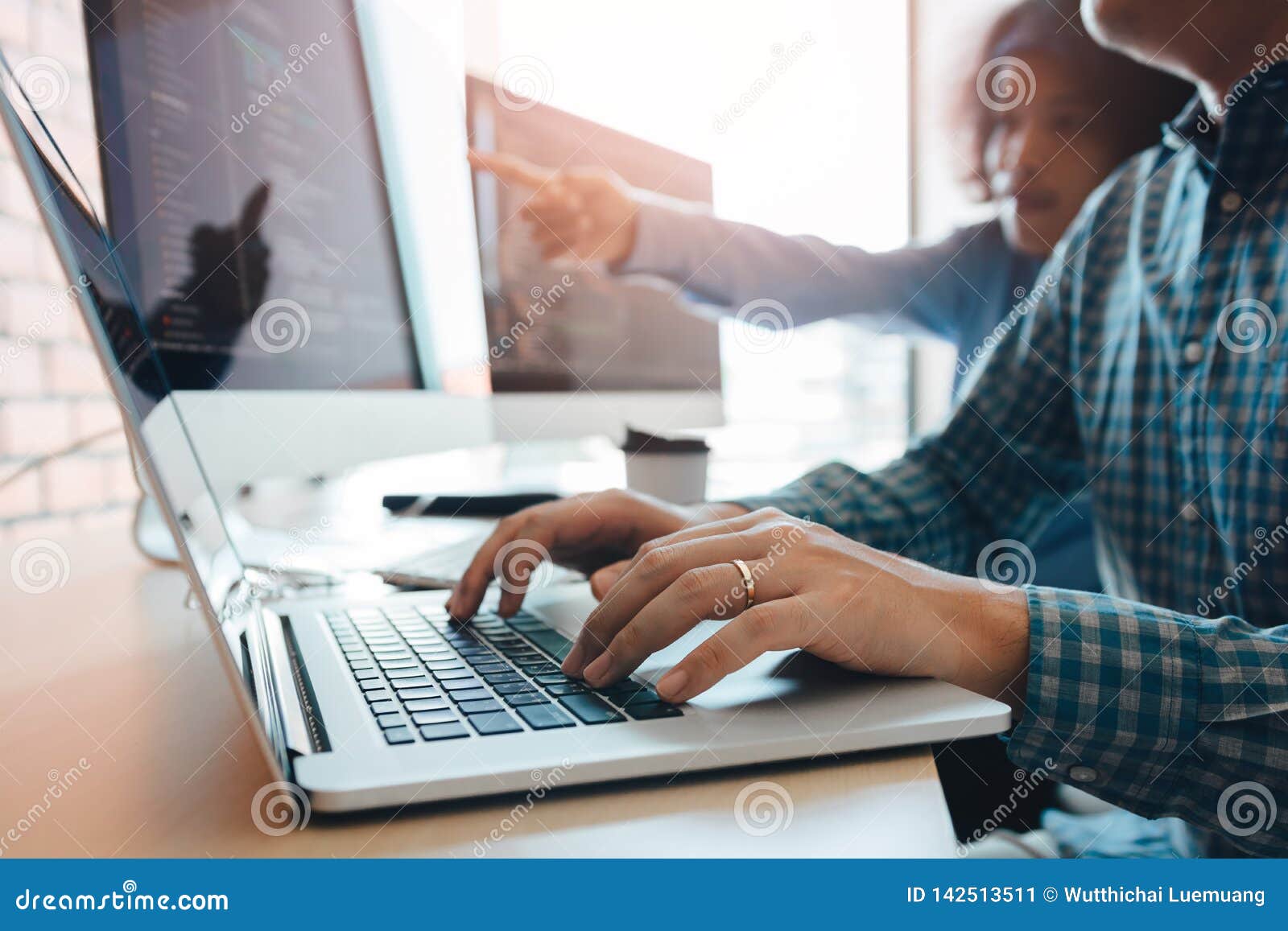 Two Partnerships Developing Programming And Coding Technologies Working On Laptop And Analyzing