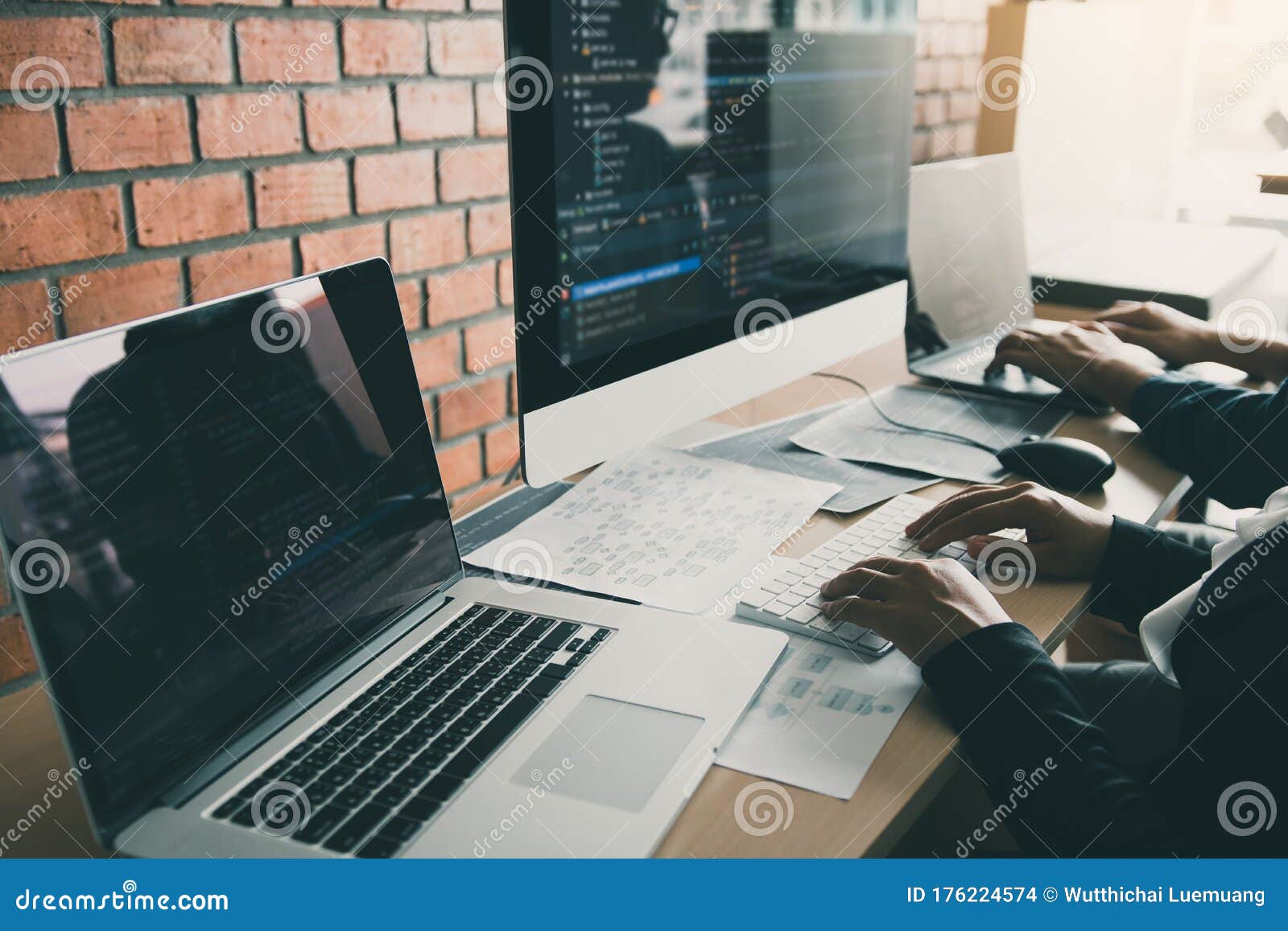 Two Partnerships Developing Programming And Coding Technologies Working On Laptop And Analyzing