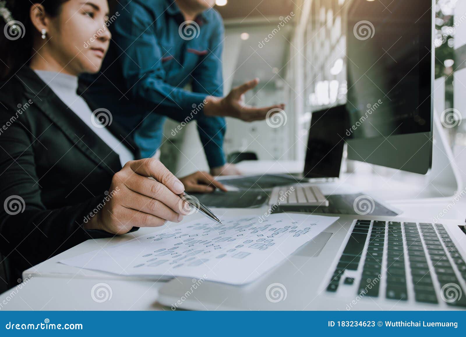 Two Partnerships Developing Programming And Coding Technologies Working On Laptop And Analyzing