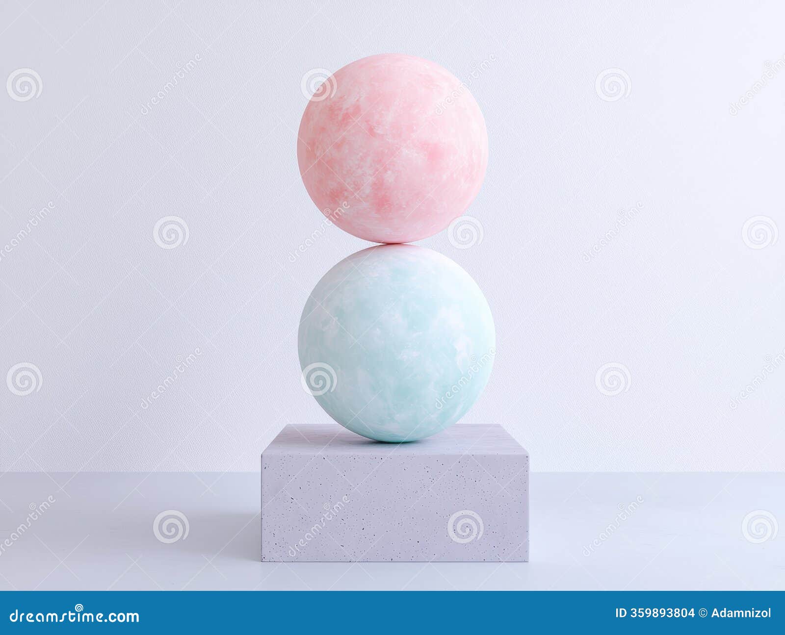 Two Pastel Colored Spheres Balanced on a Concrete Cube. Stock ...