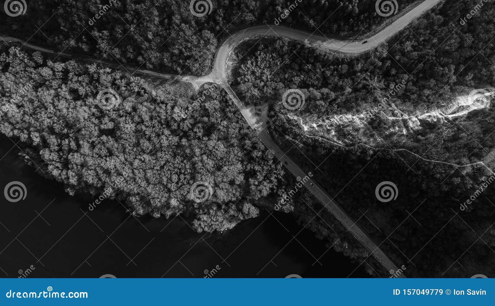 Two Path Intersecting in the Middle of Forest, Shot from Above, Black ...