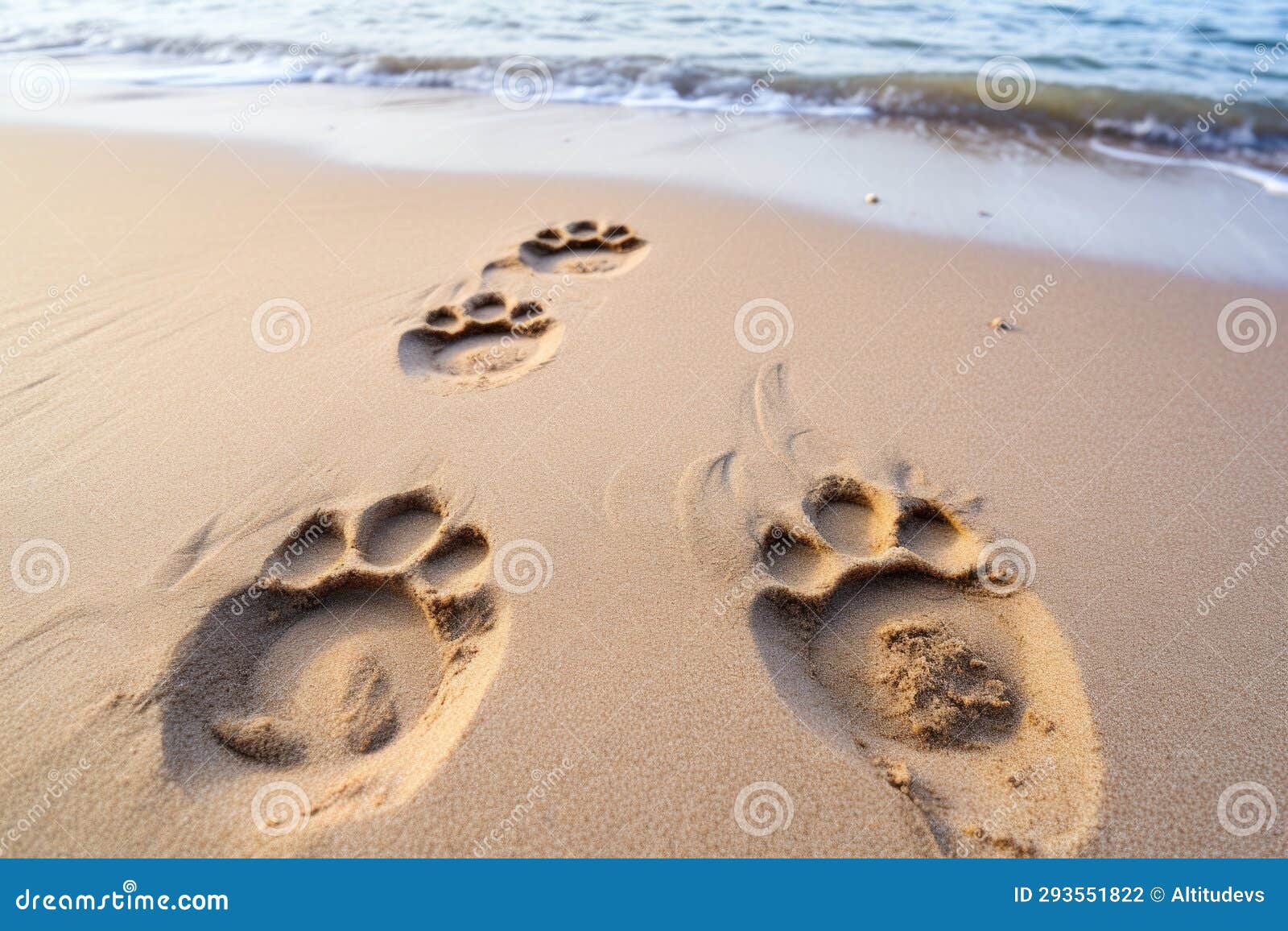 Two Paw Prints Converging on a Sandy Beach Stock Photo - Image of ...