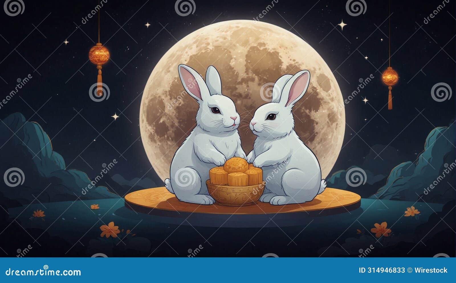 Two Peaceful White Rabbits Enjoy a Mooncake Under the Full Moon, AI ...