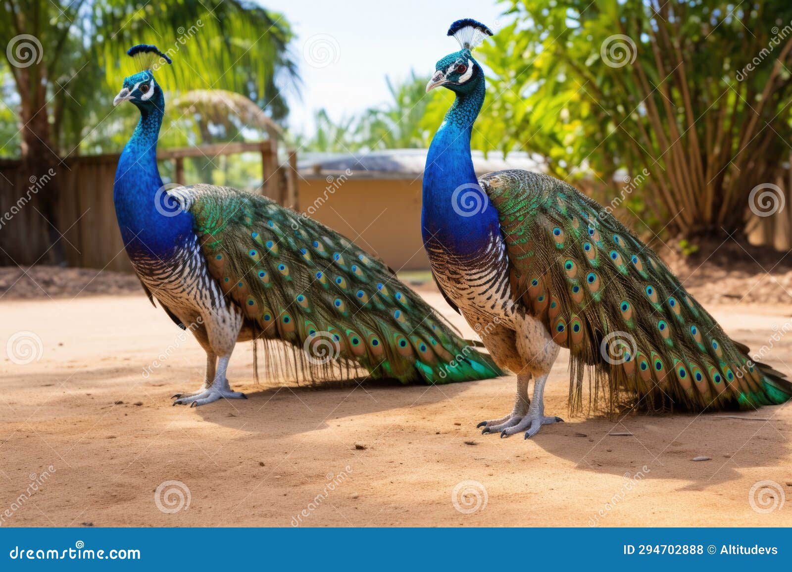 Two Peacocks, One with Full-spread Feathers, the Other Observing Stock ...