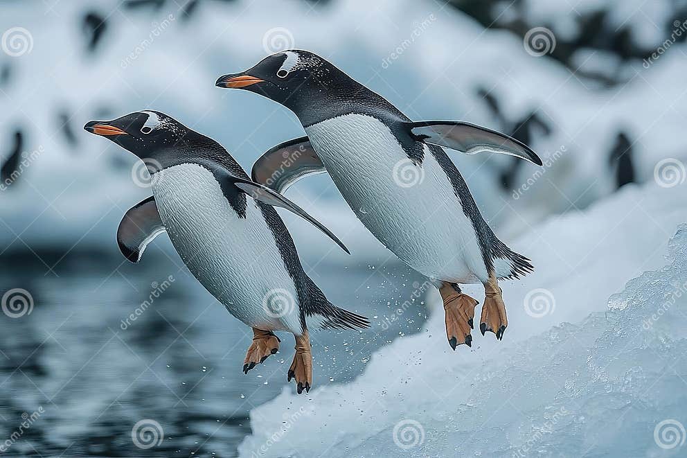 Two Penguins Leaping Off Iceberg Stock Illustration - Illustration of jump, penguins: 338438543