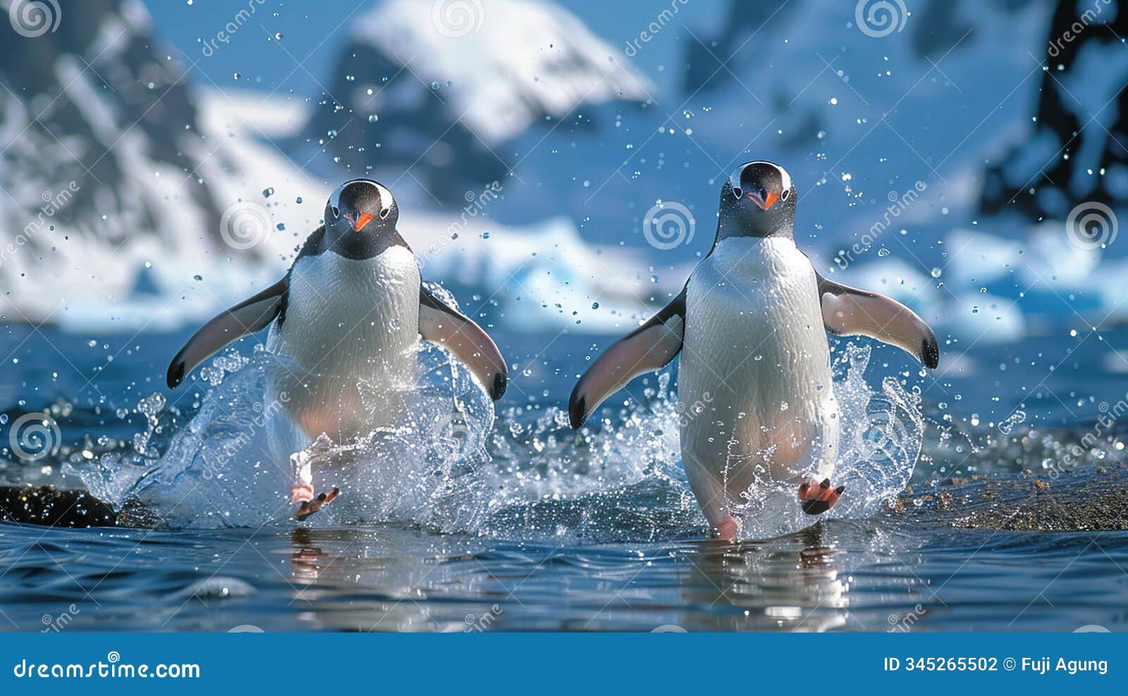Two Penguins Running on the Water with Splashing Stock Illustration ...