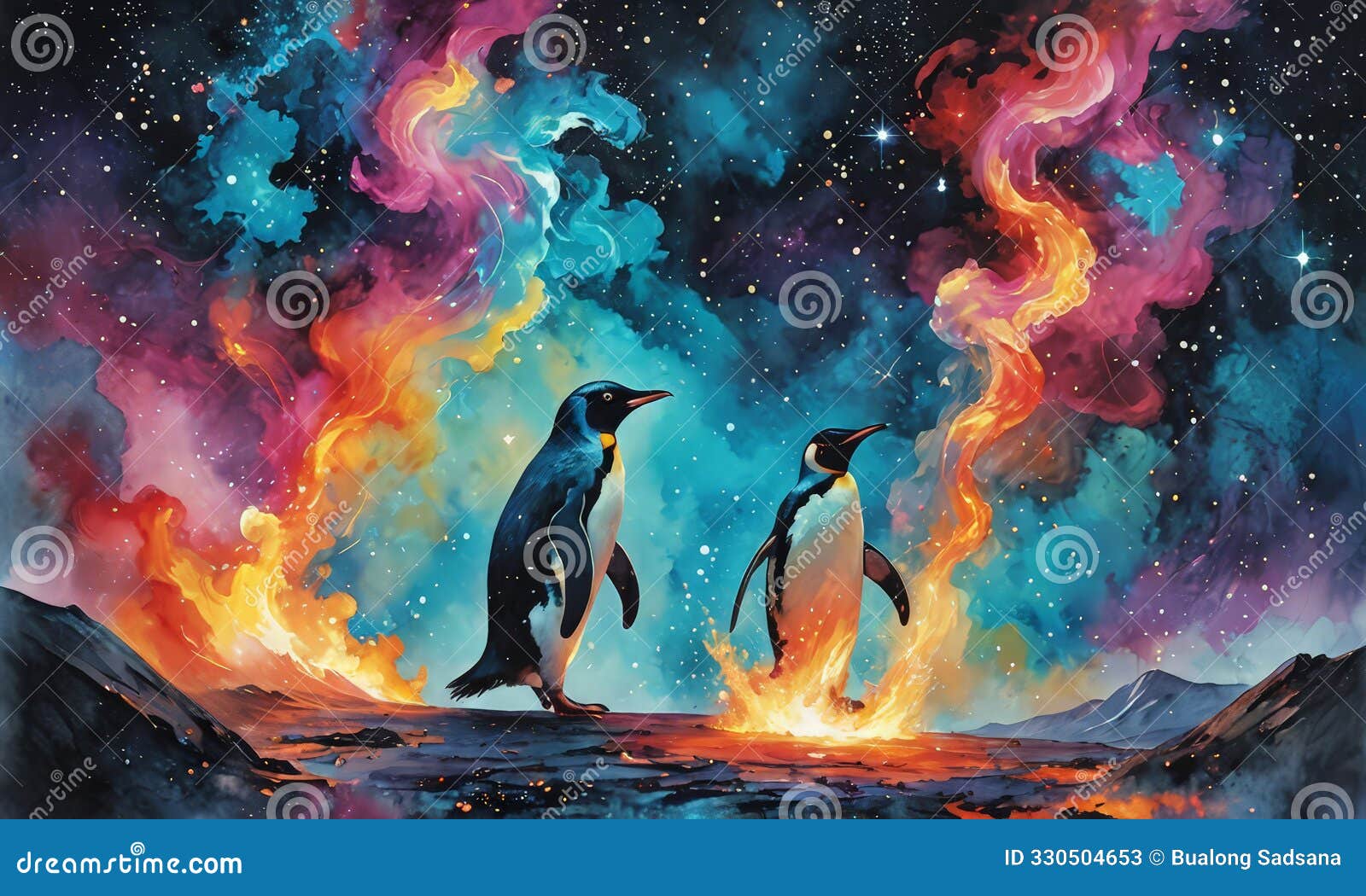 Two Penguins in the Sky with Fire and Stars Stock Illustration ...