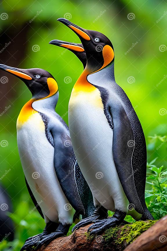 Two Penguins Standing on a Tree Branch with Their Beaks Open Stock ...