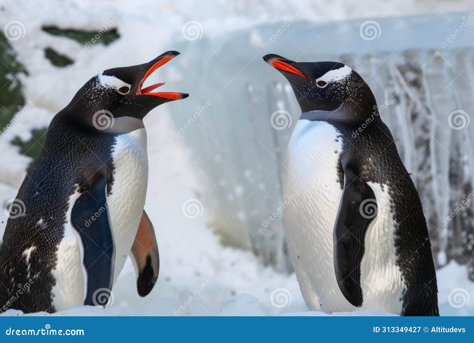 Two Penguins Vocalizing at Each Other, Ice Backdrop Stock Image - Image ...