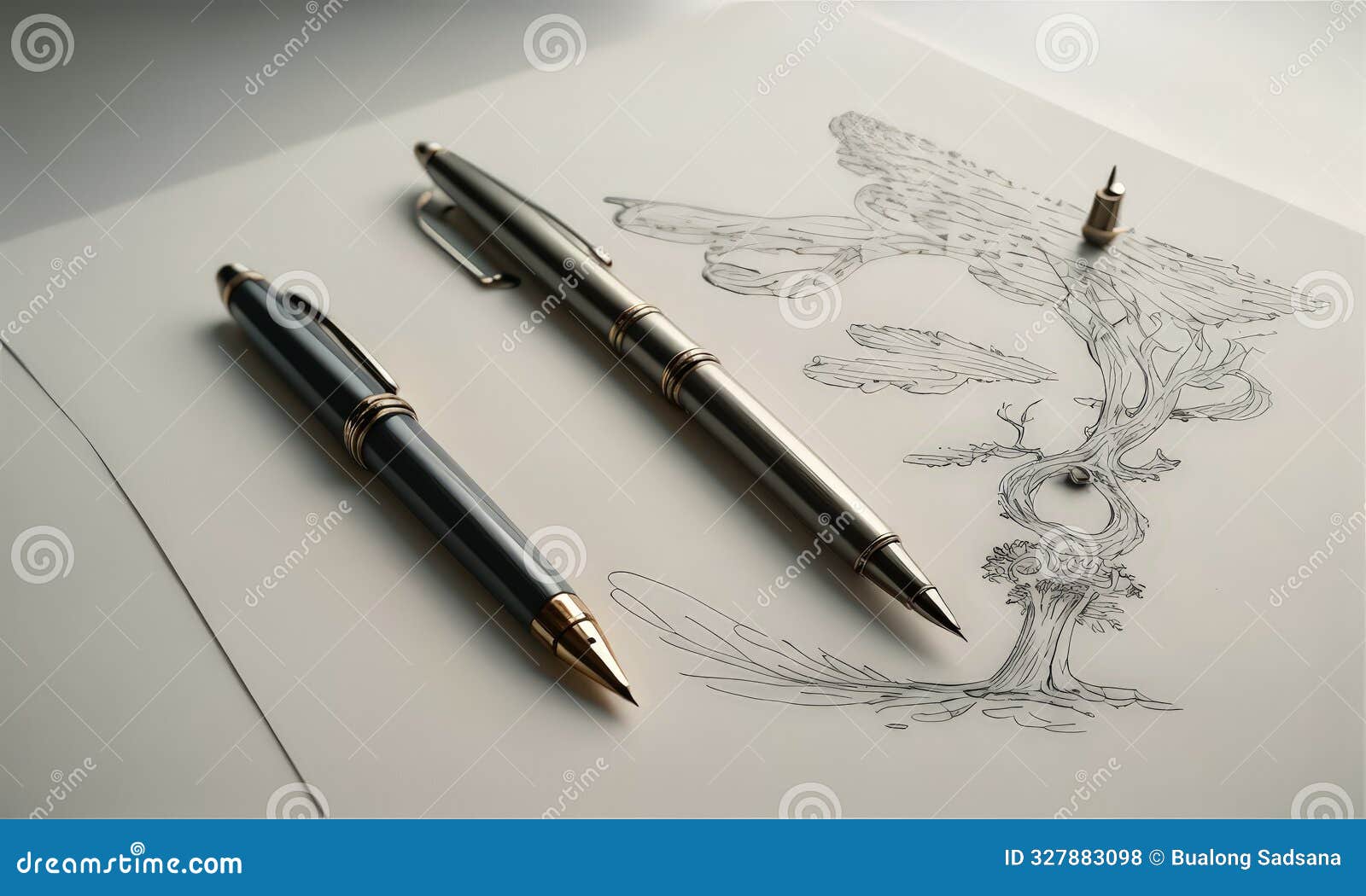 Two Pens, One Black and One Silver, Rest on White Surface, with Black ...