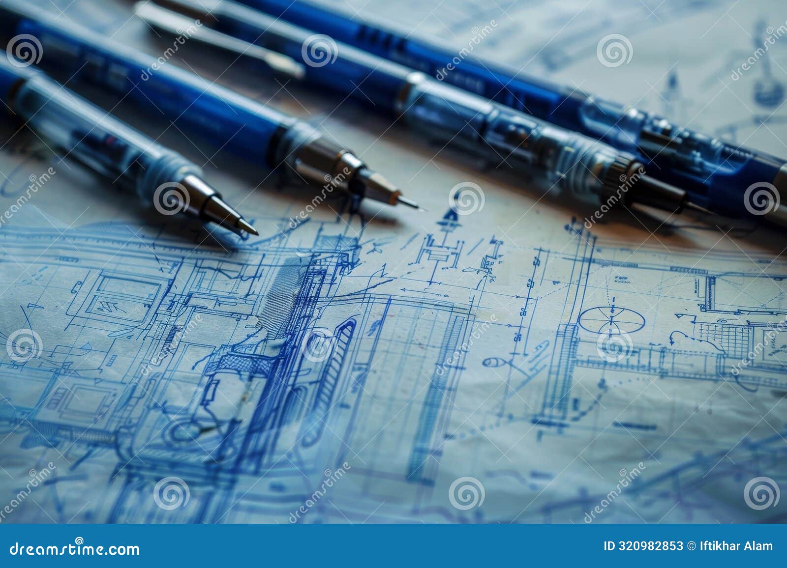 Two Pens Placed on Top of a Monochromatic Blueprint Sketch with ...