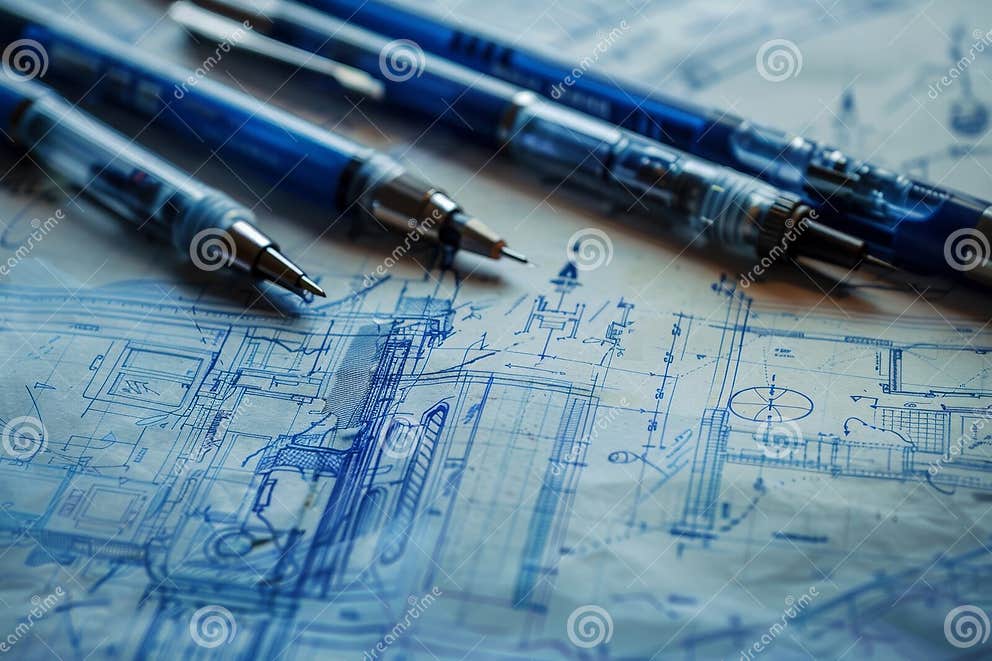 Two Pens Placed on Top of a Monochromatic Blueprint Sketch with ...
