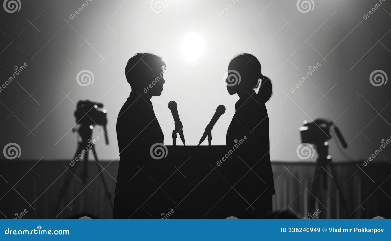Two People Addressing the Audience from Behind a Microphone, a Common ...