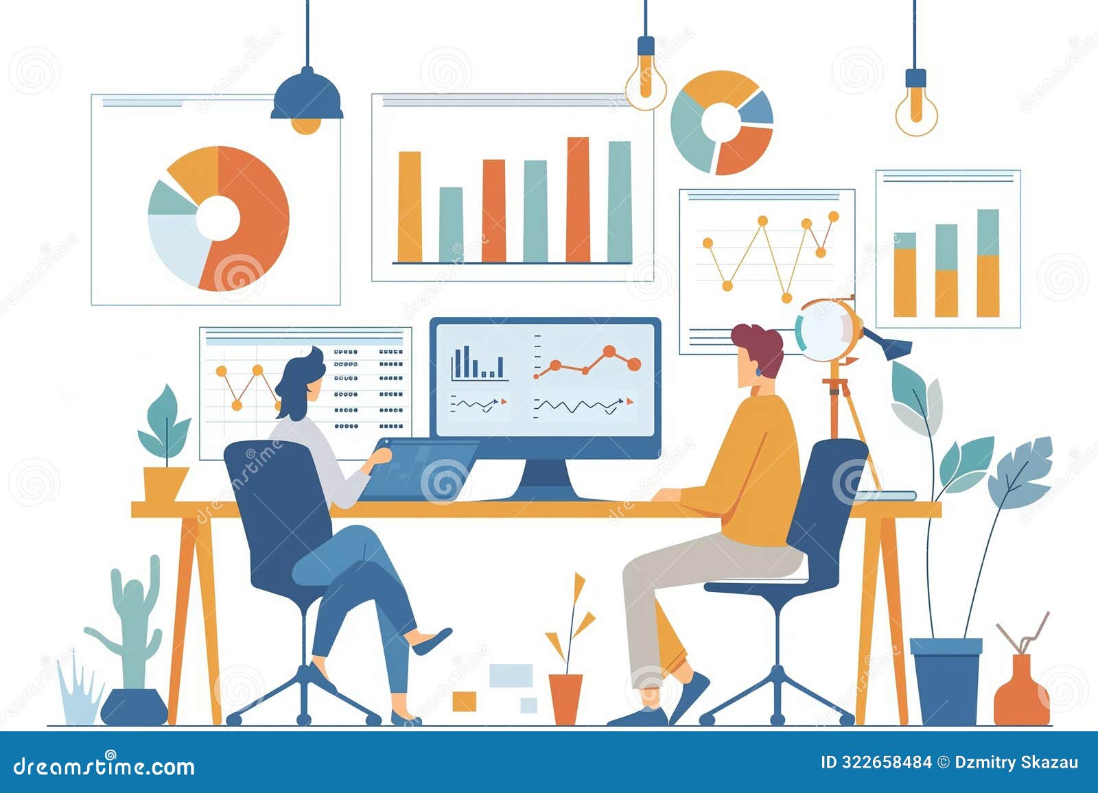 Two People Analyzing Data on Computers with Charts and Graphs in an ...