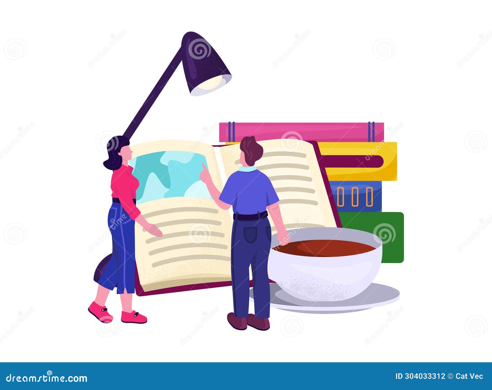 Two People Analyzing a Giant Open Book with a World Map. Man Points at ...