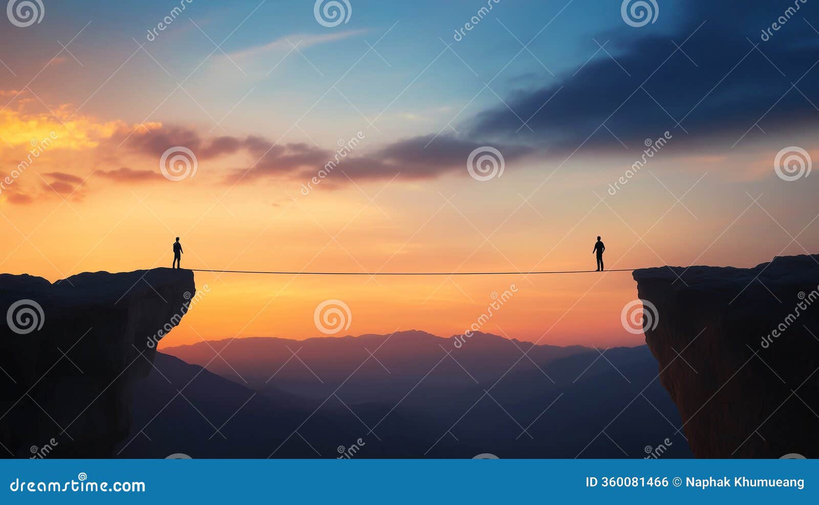 Two People Balancing on Tightrope between Cliffs at Sunset, Symbolizing ...