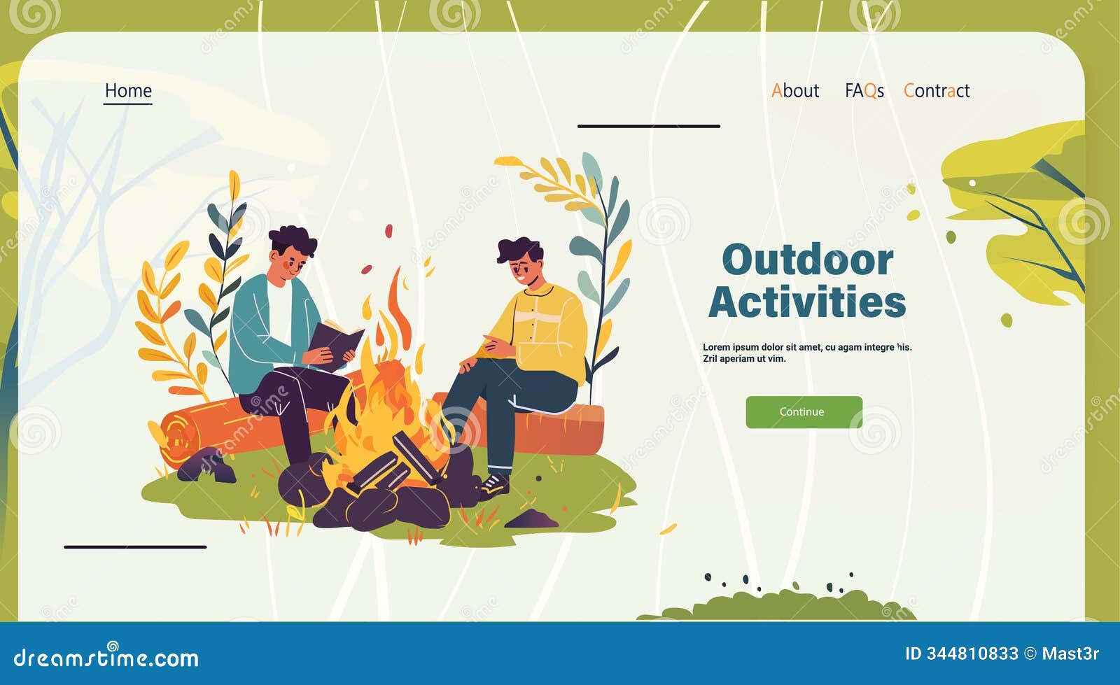 Two People Camping by a Campfire Outdoor Activity Scene with Greenery ...