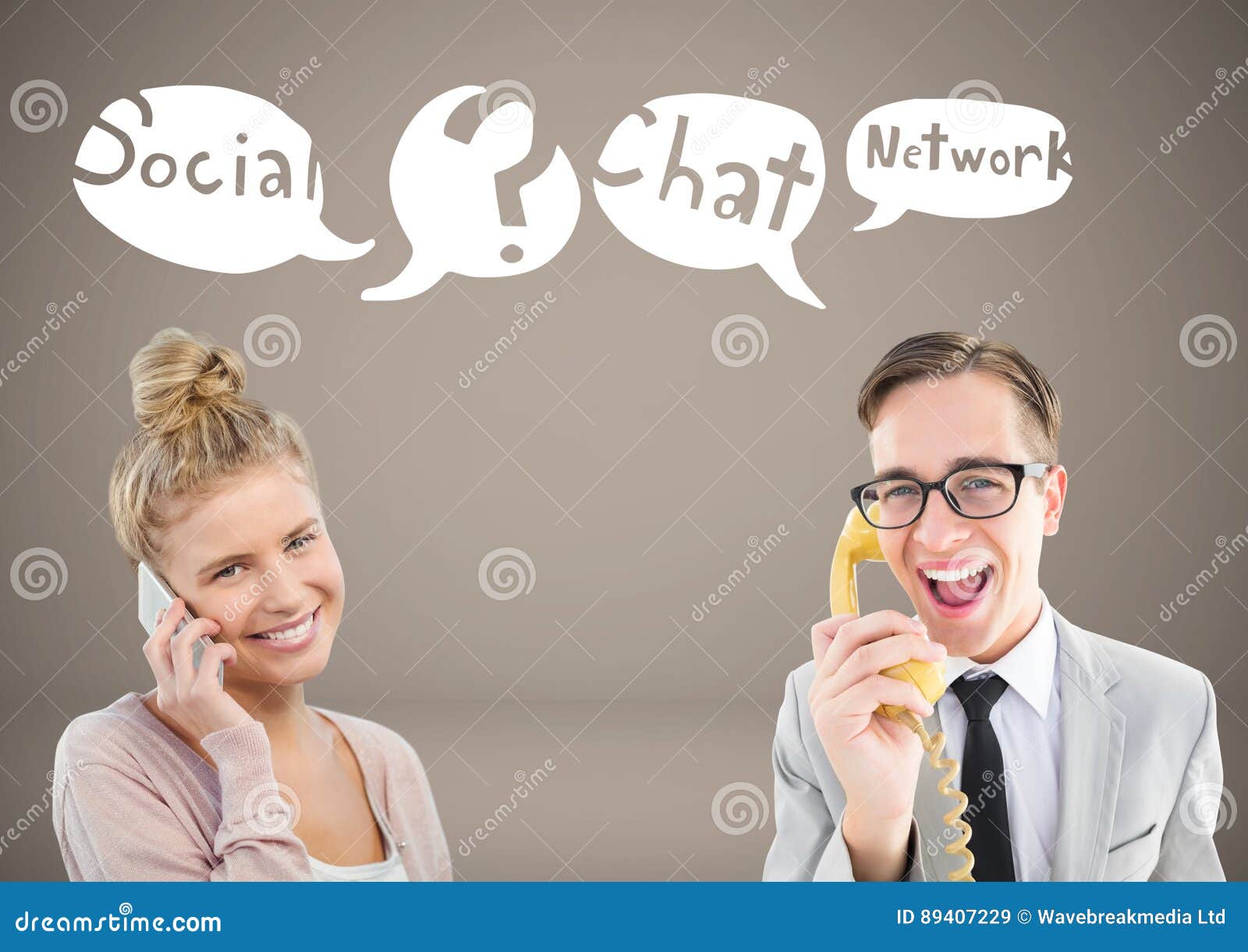 Two People Chatting on Phones with Social Network Icon Chat Bubbles ...
