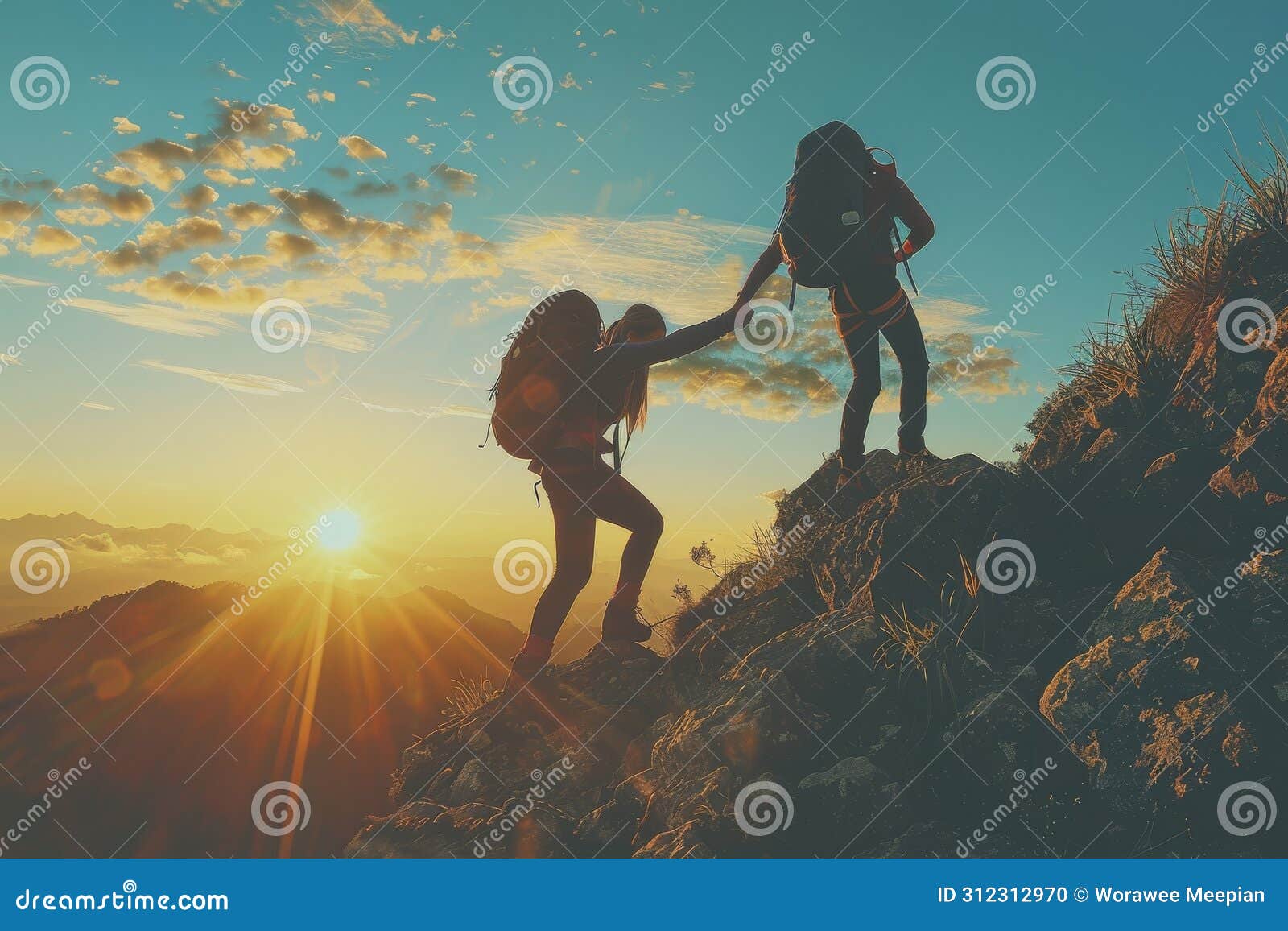 Two People are Climbing a Mountain Together Stock Photo - Image of peak ...