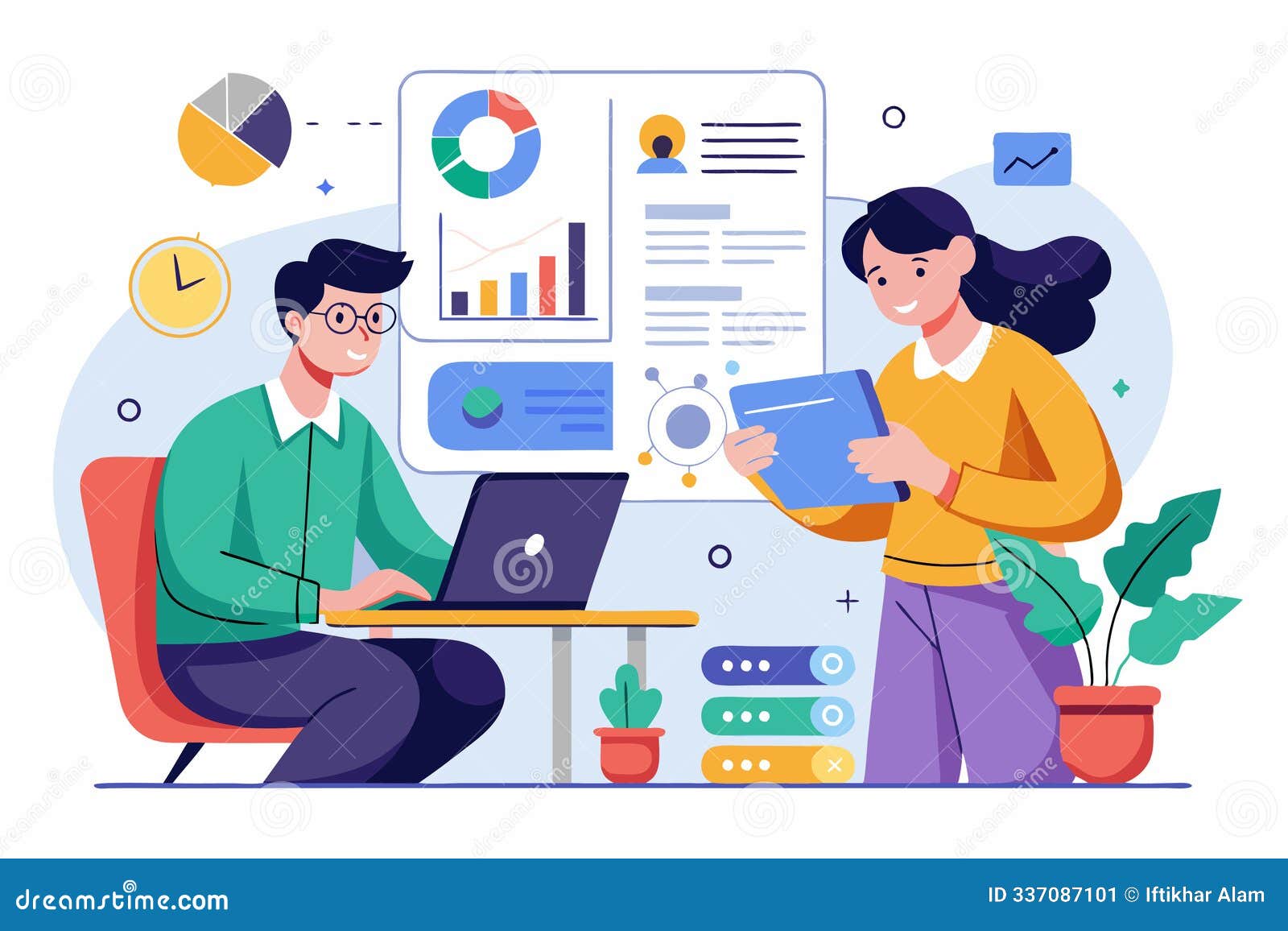 Two People are Collaboratively Entering Data and Reviewing Charts in a ...