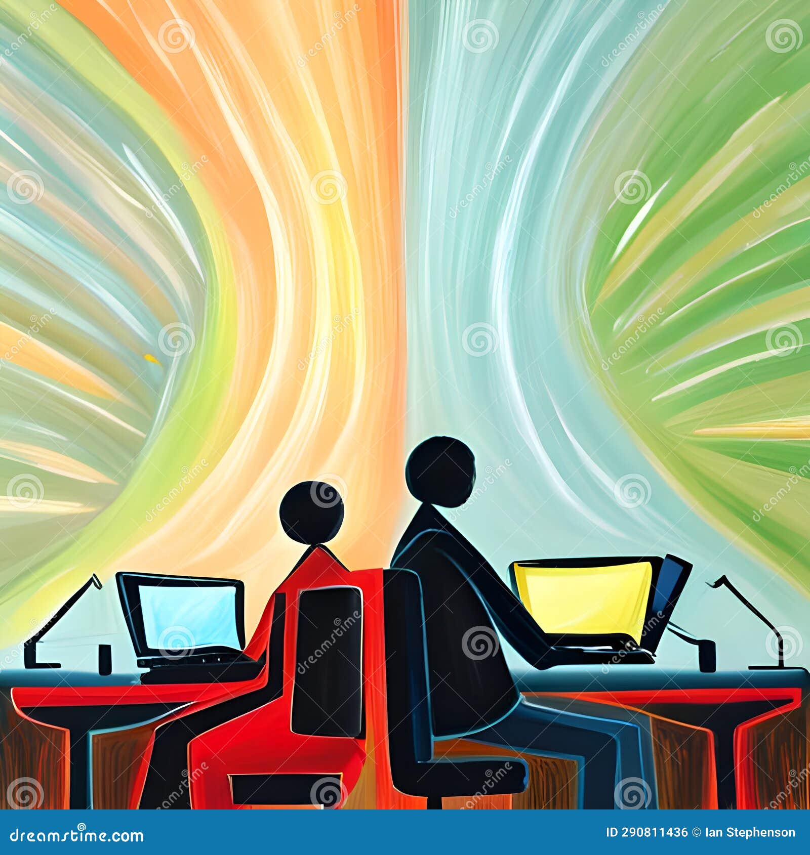 Two People at Computer Stations Connected by a Stream of Happy Light ...