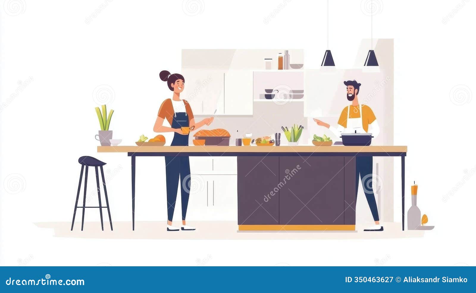 Two People are Cooking in a Kitchen Together Stock Illustration ...