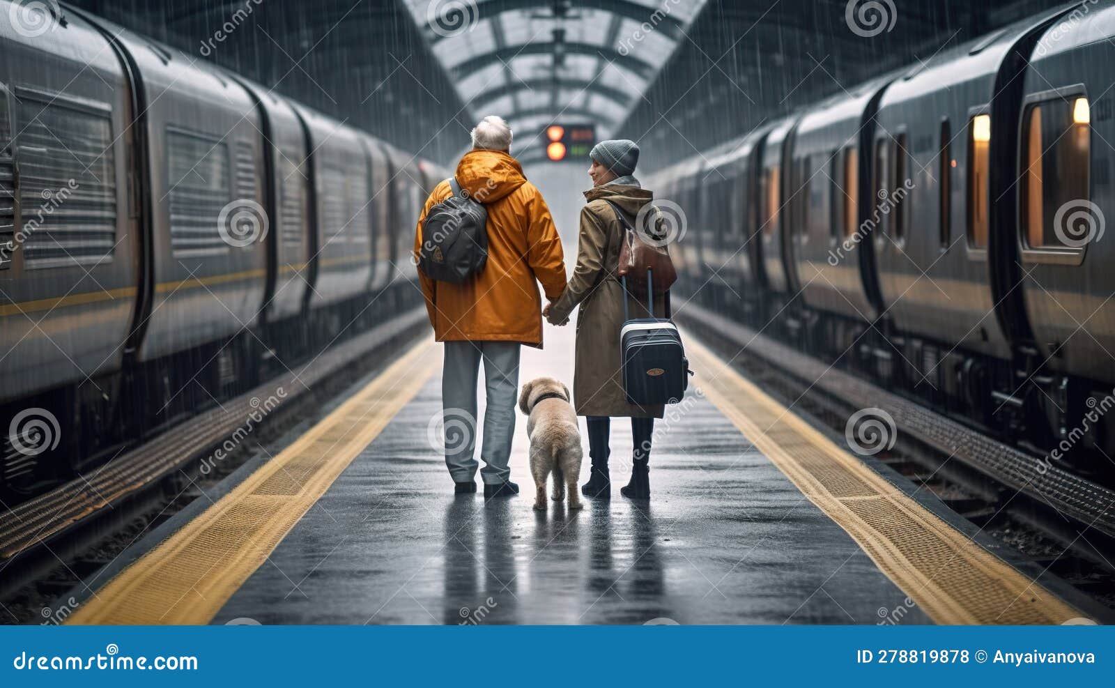 Two People and a Dog Walking Down a Train Platform. Generative AI Image ...