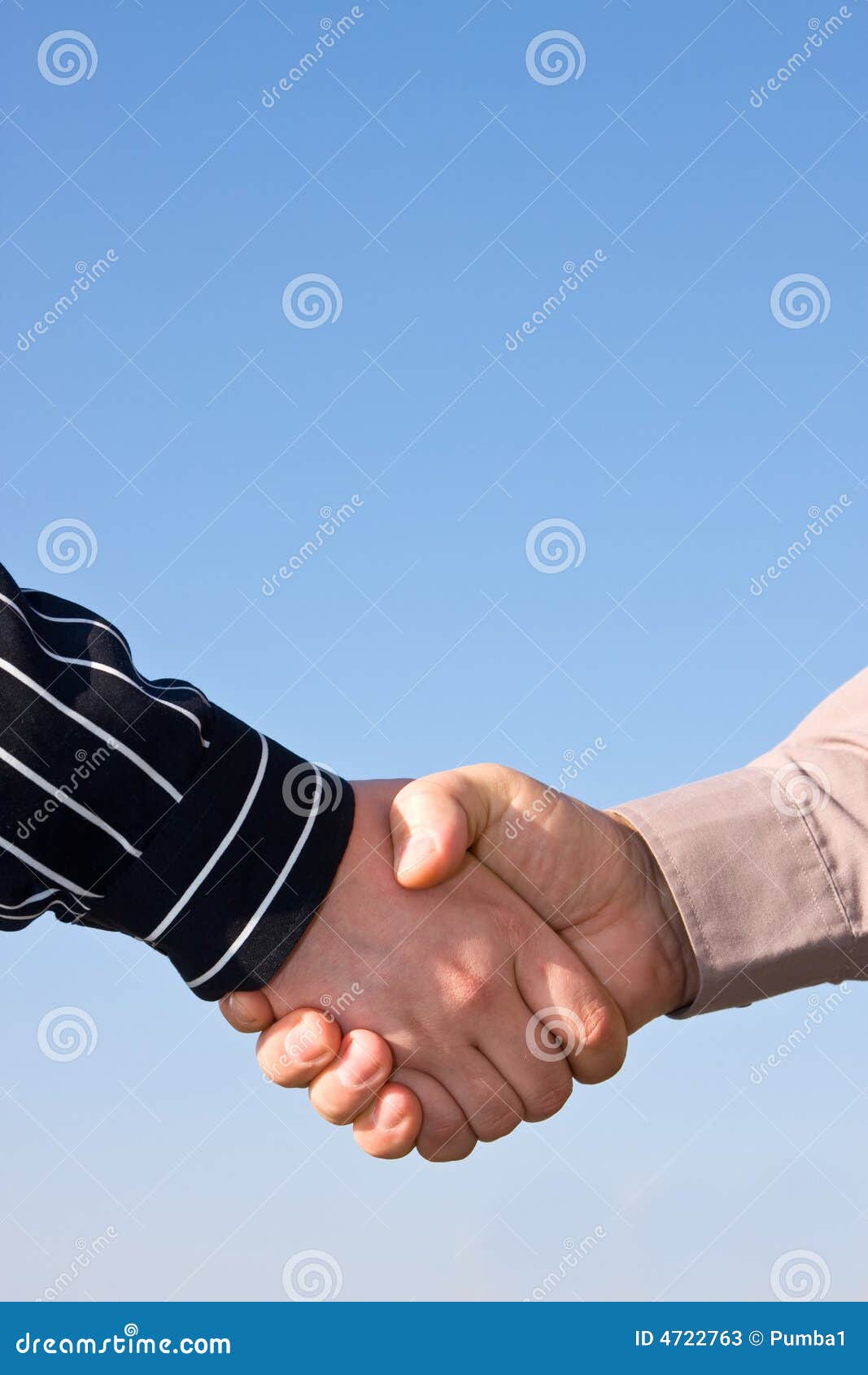 Two People Doing Handshake on Blue Sky Background Stock Image - Image ...