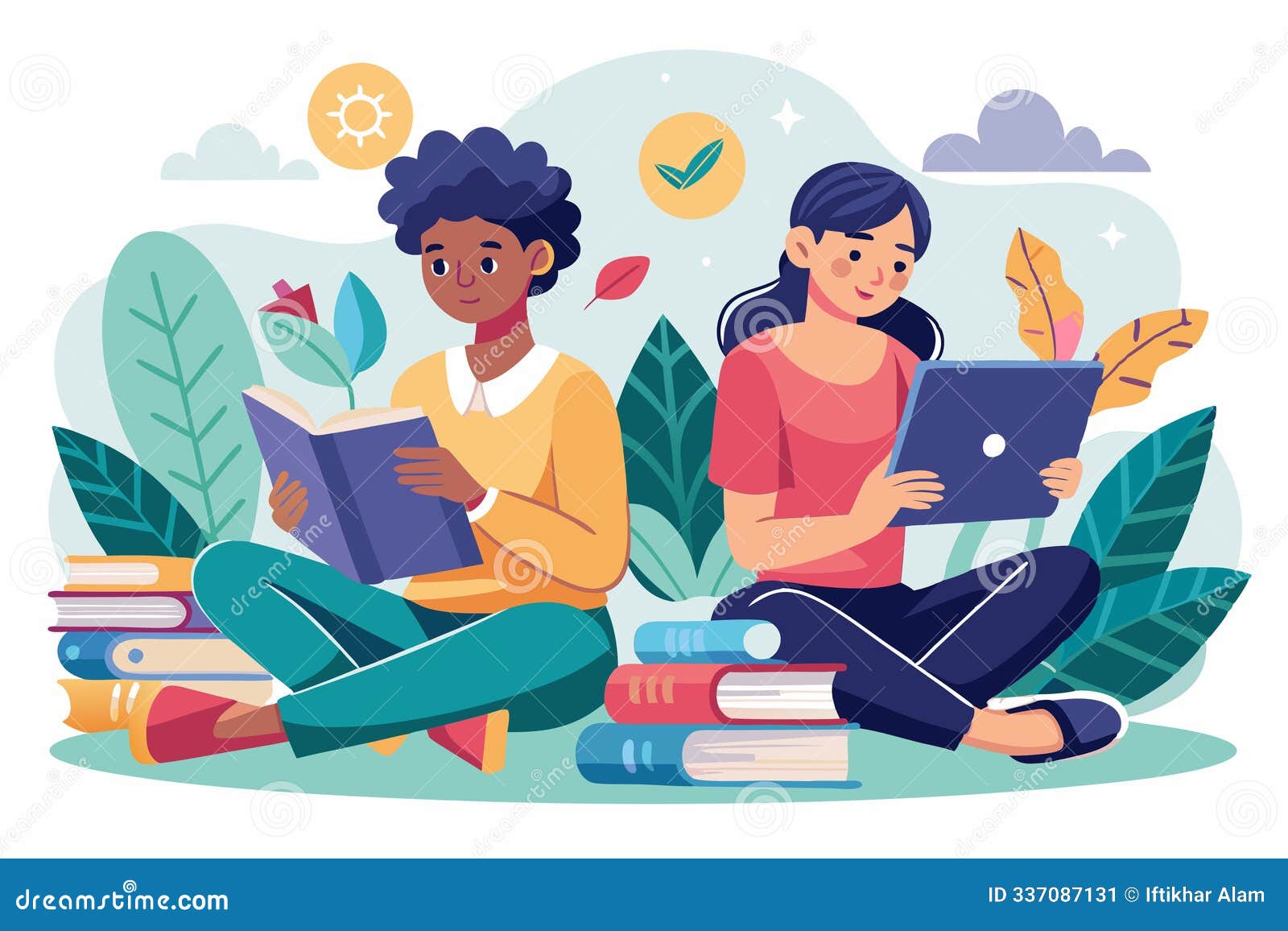 Two People are Engaged in Reading Books and Using Laptops while Sitting ...